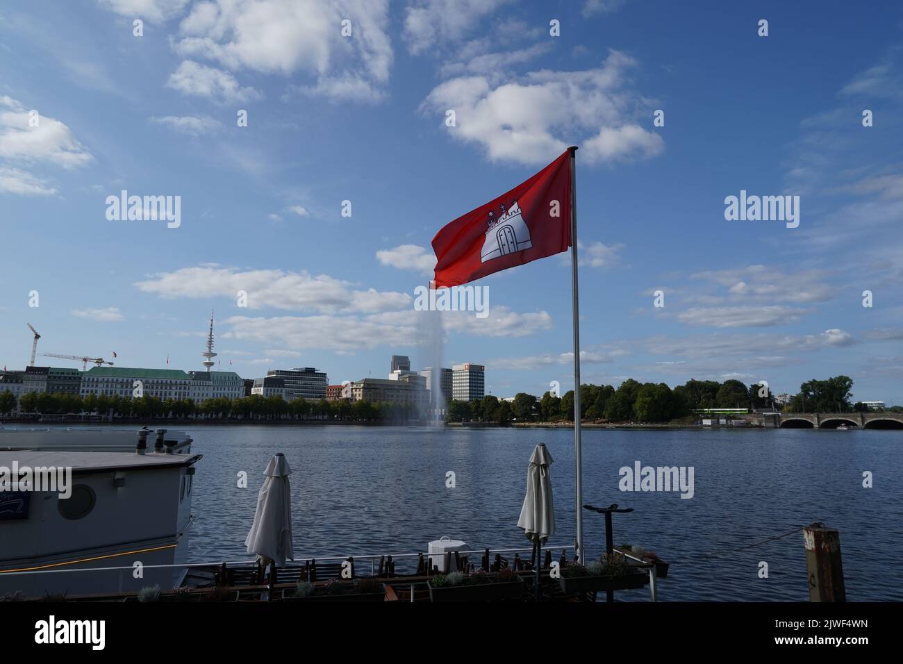 Flag of Hamburg ,white castle with three towers on red background ...