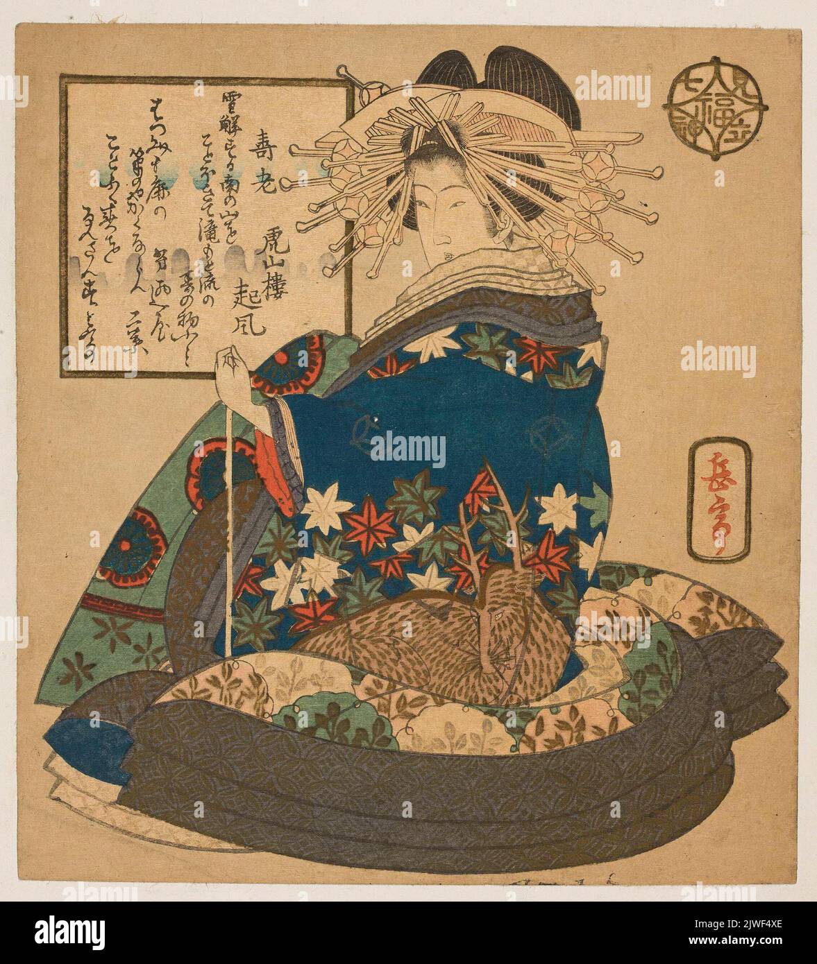 Courtesan and fawn, composition symbolising Jurojin, print from the ...