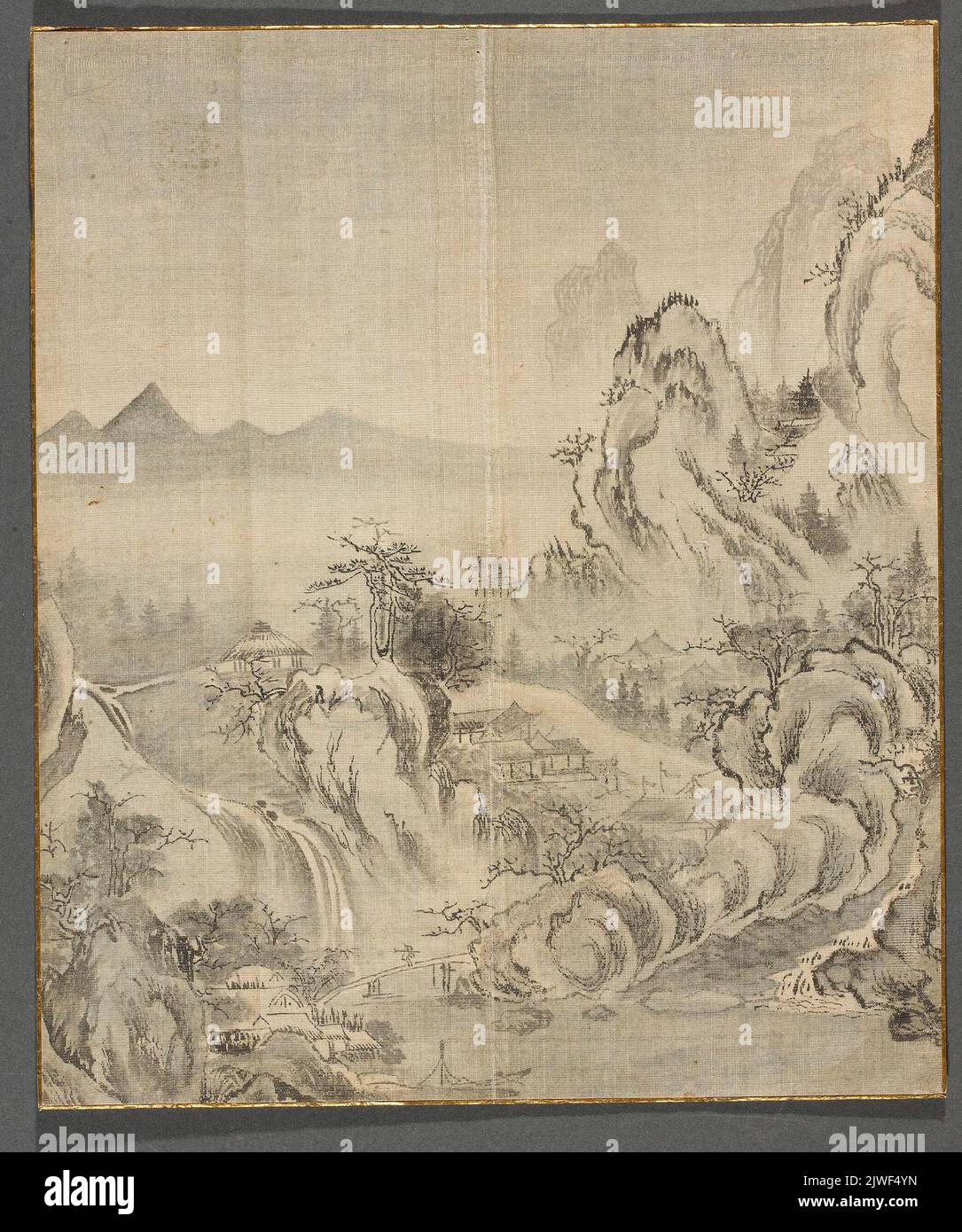Sansui-ga landscape (“mountains and water") with staffage (people and ...
