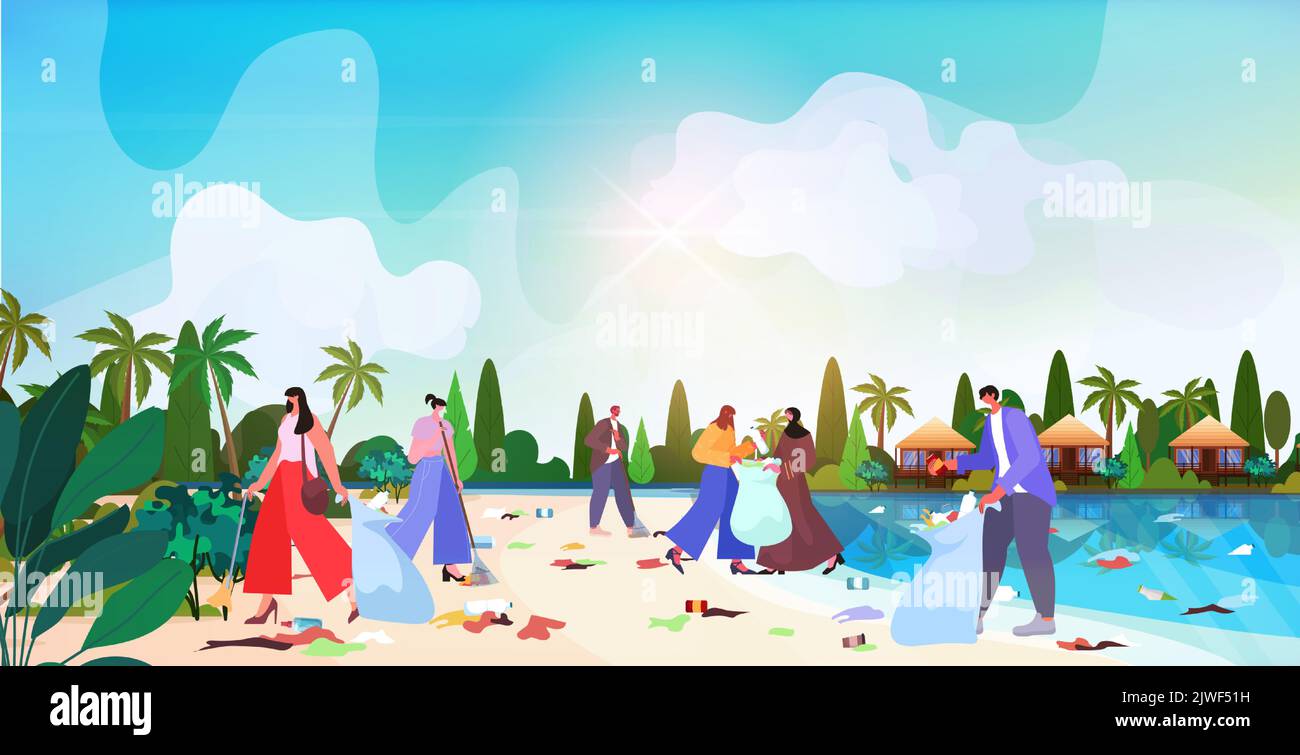 people collecting trash into bags for cleaning beach clean up garbage ...