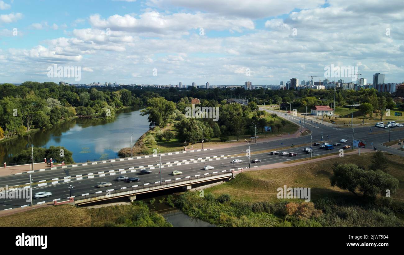 Multi-lane city highway. Overpass across the river. Aerial photography ...