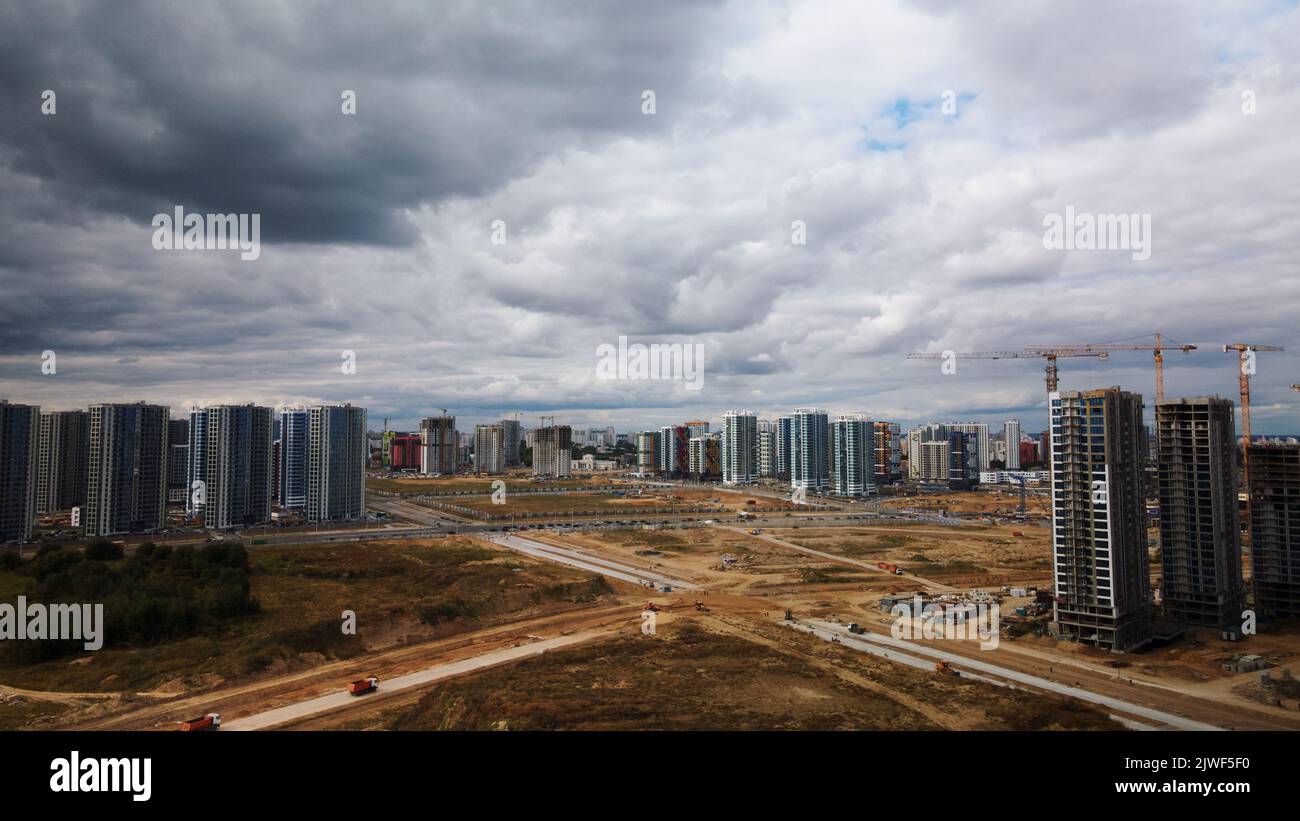 Construction site of a new city block. Construction of multi-storey ...