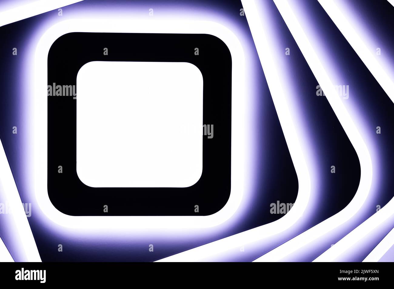 Glowing square and lines. Purple white light LED lamp on the ceiling ...
