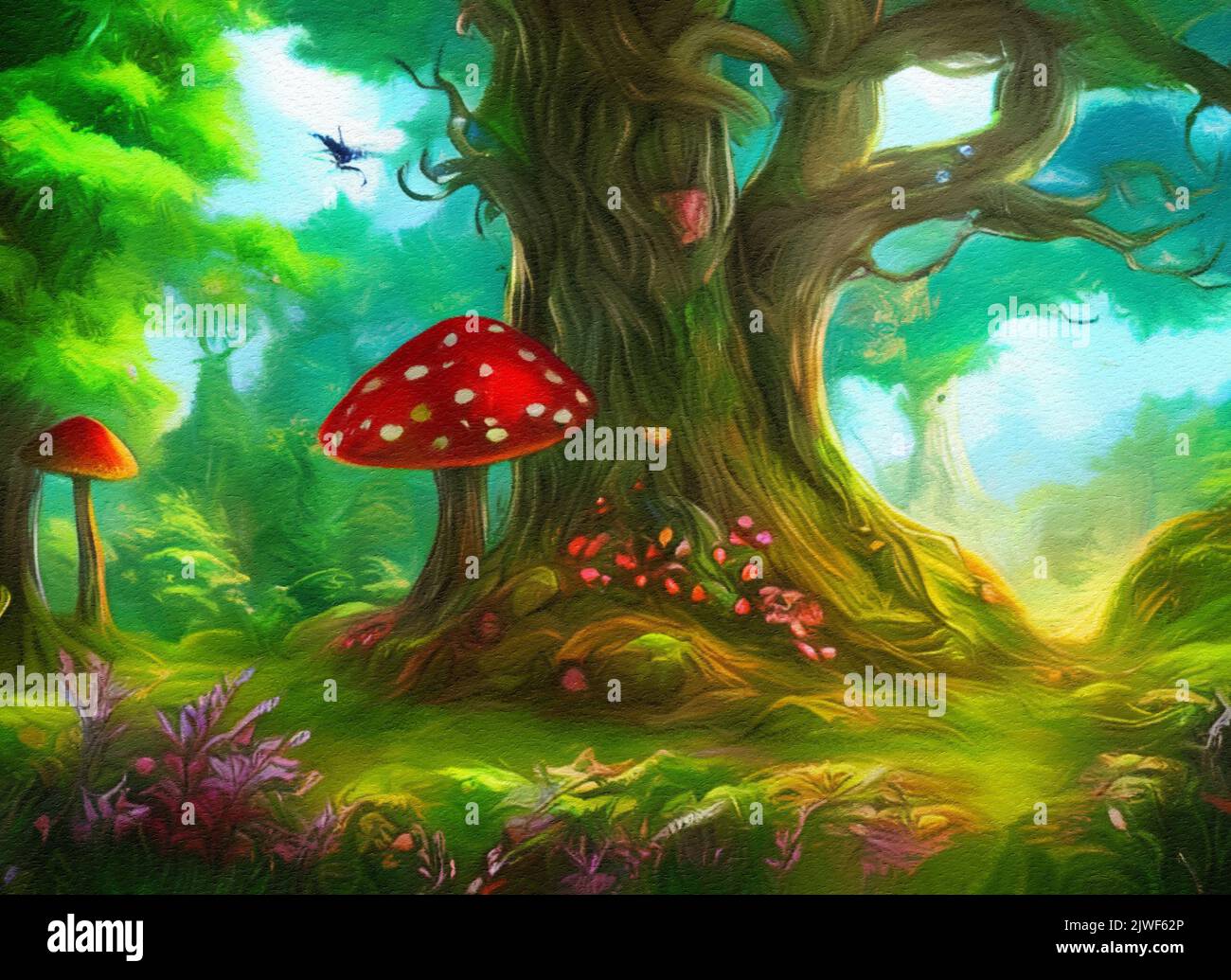 Watercolor and oil fantasy forest landscape, magic trees, mushrooms ...