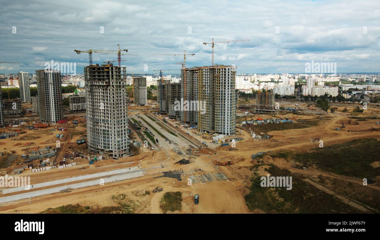 Construction site of a new city block. Construction of multi-storey ...