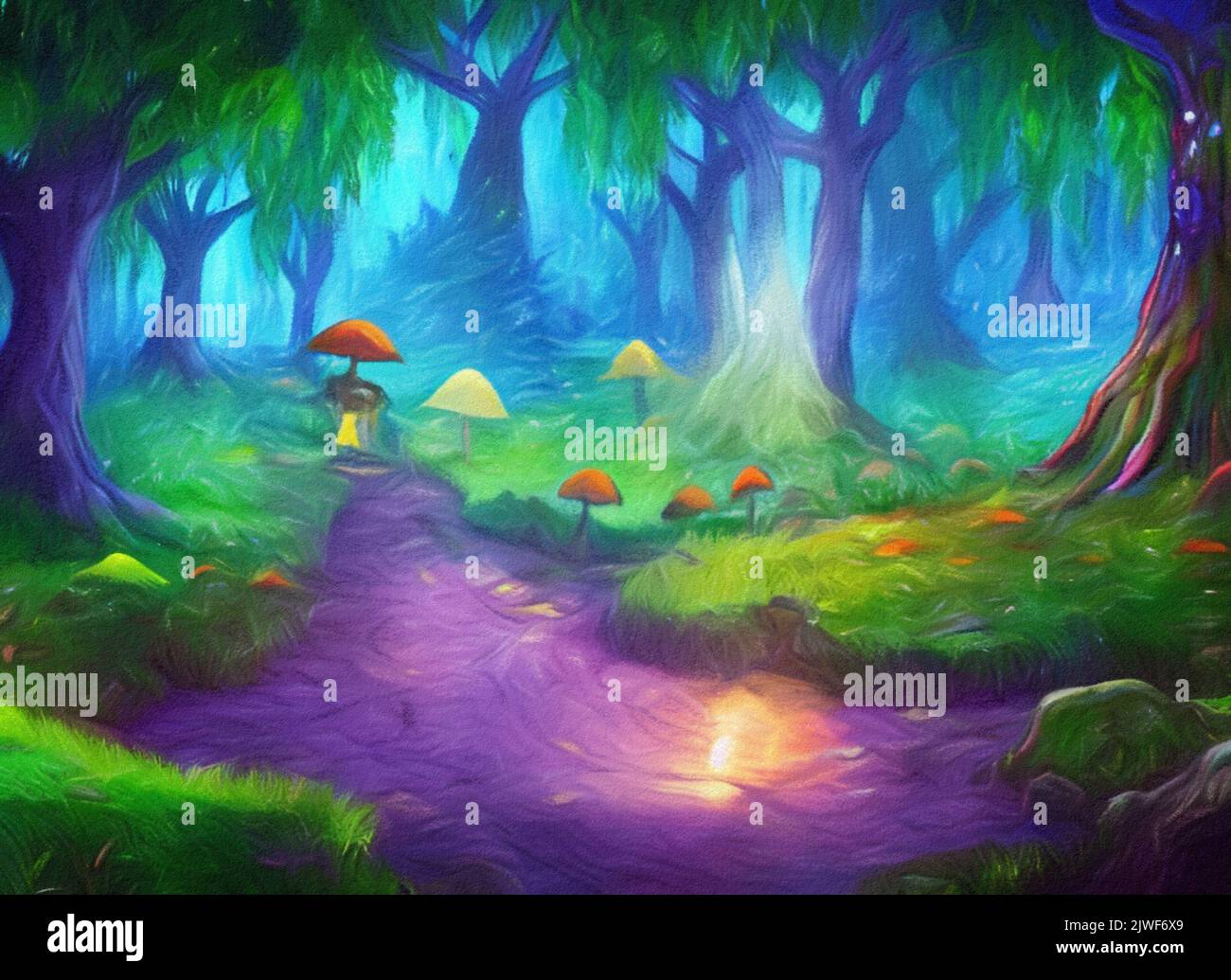 Watercolor and oil fantasy forest landscape, magic trees, mushrooms ...