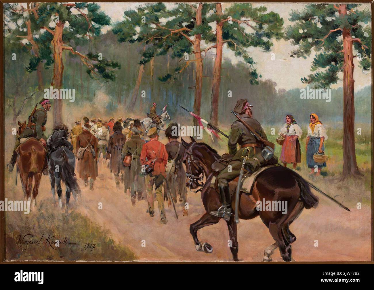 Uhlans escorting captives down a forest track. Kossak, Wojciech (1856 ...