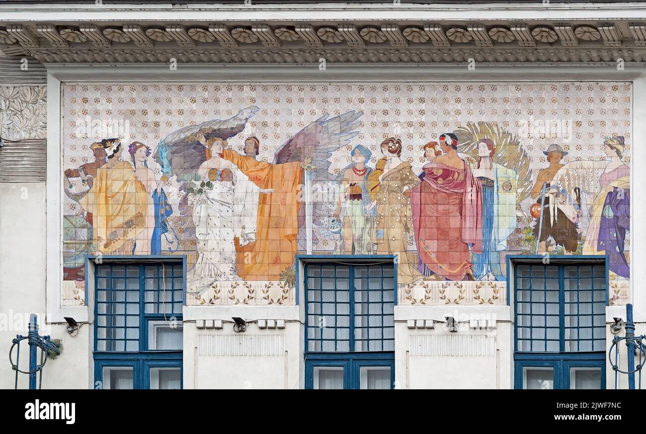 The panel with 12 Olimpic gods on the facade of Chernivtsi Regional Art ...