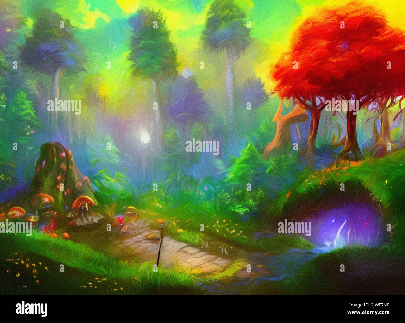 Watercolor and oil fantasy forest landscape, magic trees, mushrooms ...