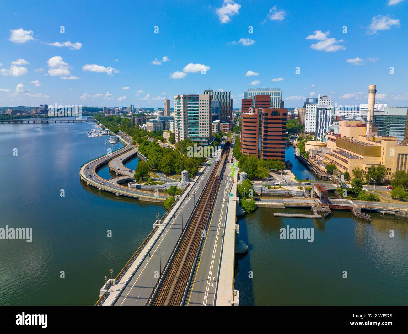Cambridge Kendall Square skyline and Longfellow Bridge aerial view ...