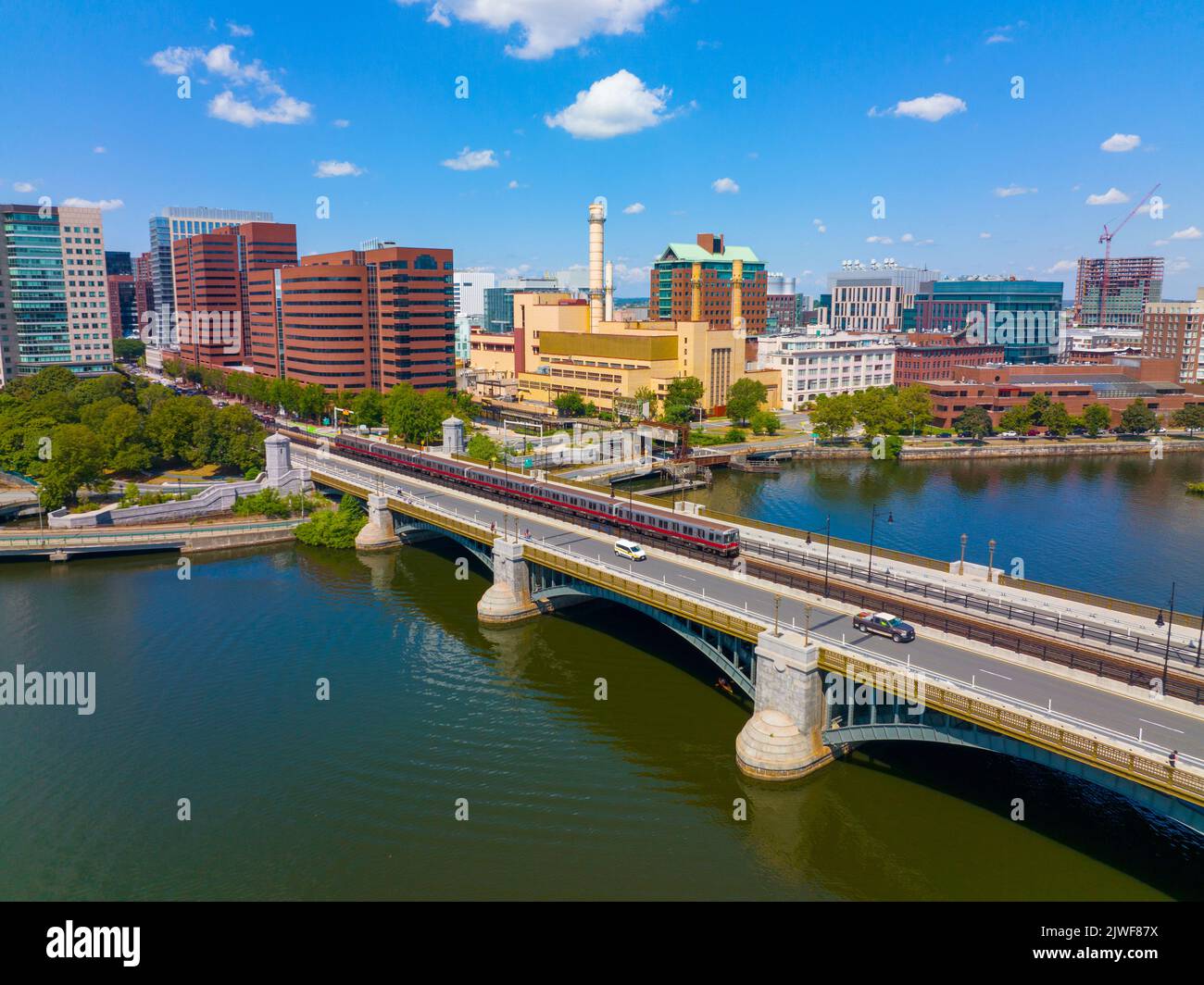 Cambridge Kendall Square skyline and MBTA red line train on Longfellow ...