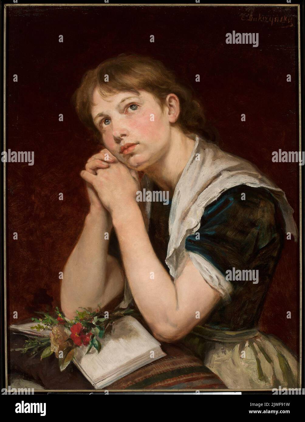 Girl with a book. Dukszyńska-Dukszta, Emilia (1847-1898), painter Stock ...