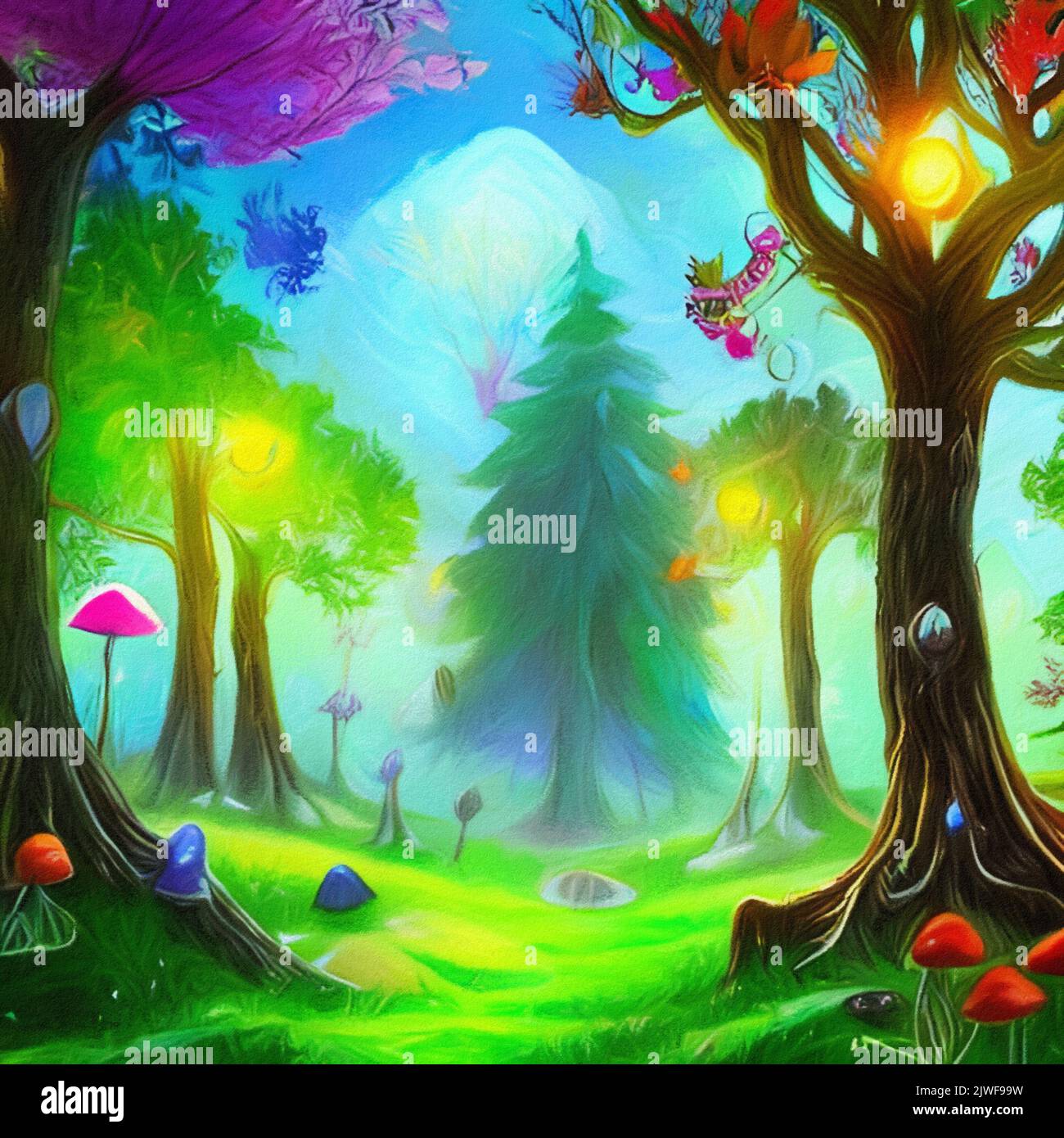 Watercolor and oil fantasy forest landscape, magic trees, mushrooms ...