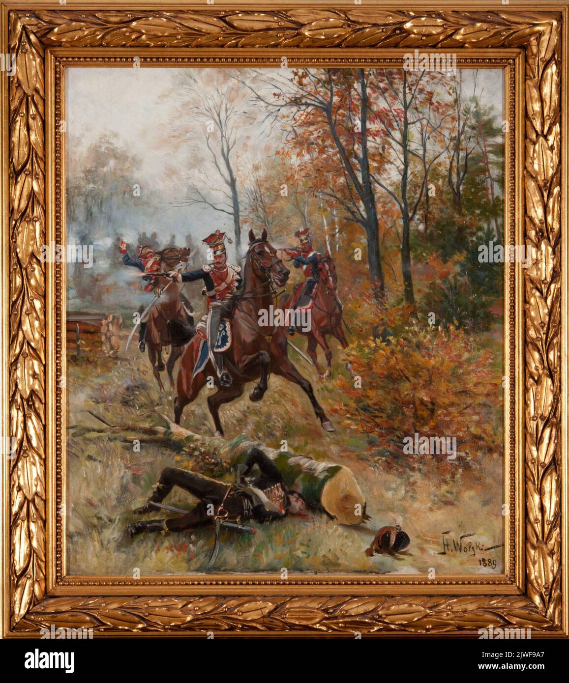 Skirmish in the forest. Wolski, Stanisław (1859-1894), painter Stock ...