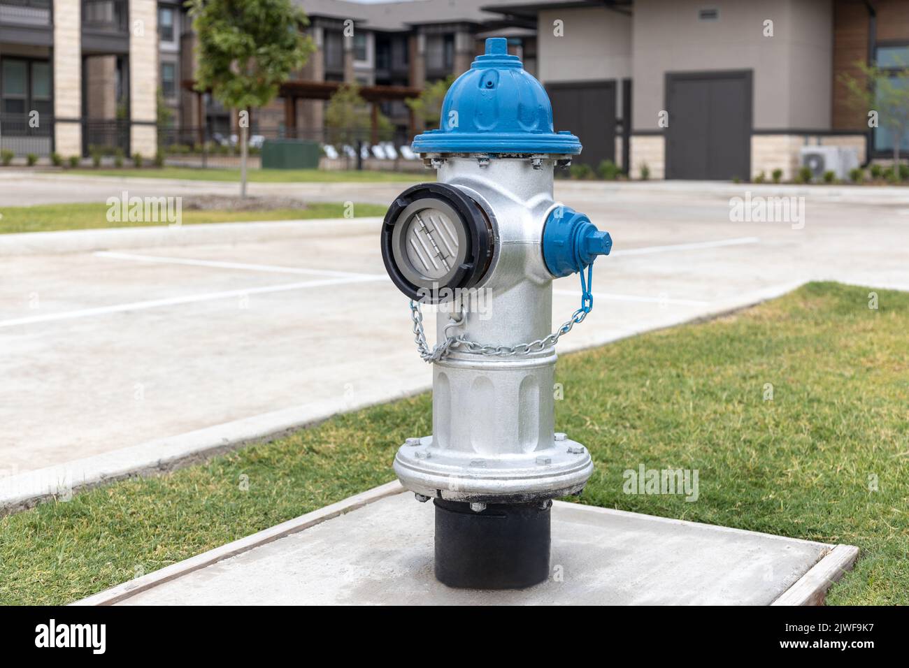 Grey and blue fire hydrant on sidewalk in the yard in residential complex with asphalt road and ...