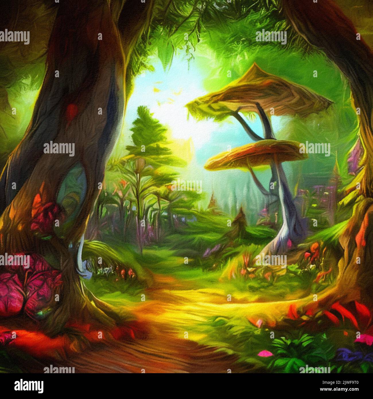 Watercolor and oil fantasy forest landscape, magic trees, mushrooms ...