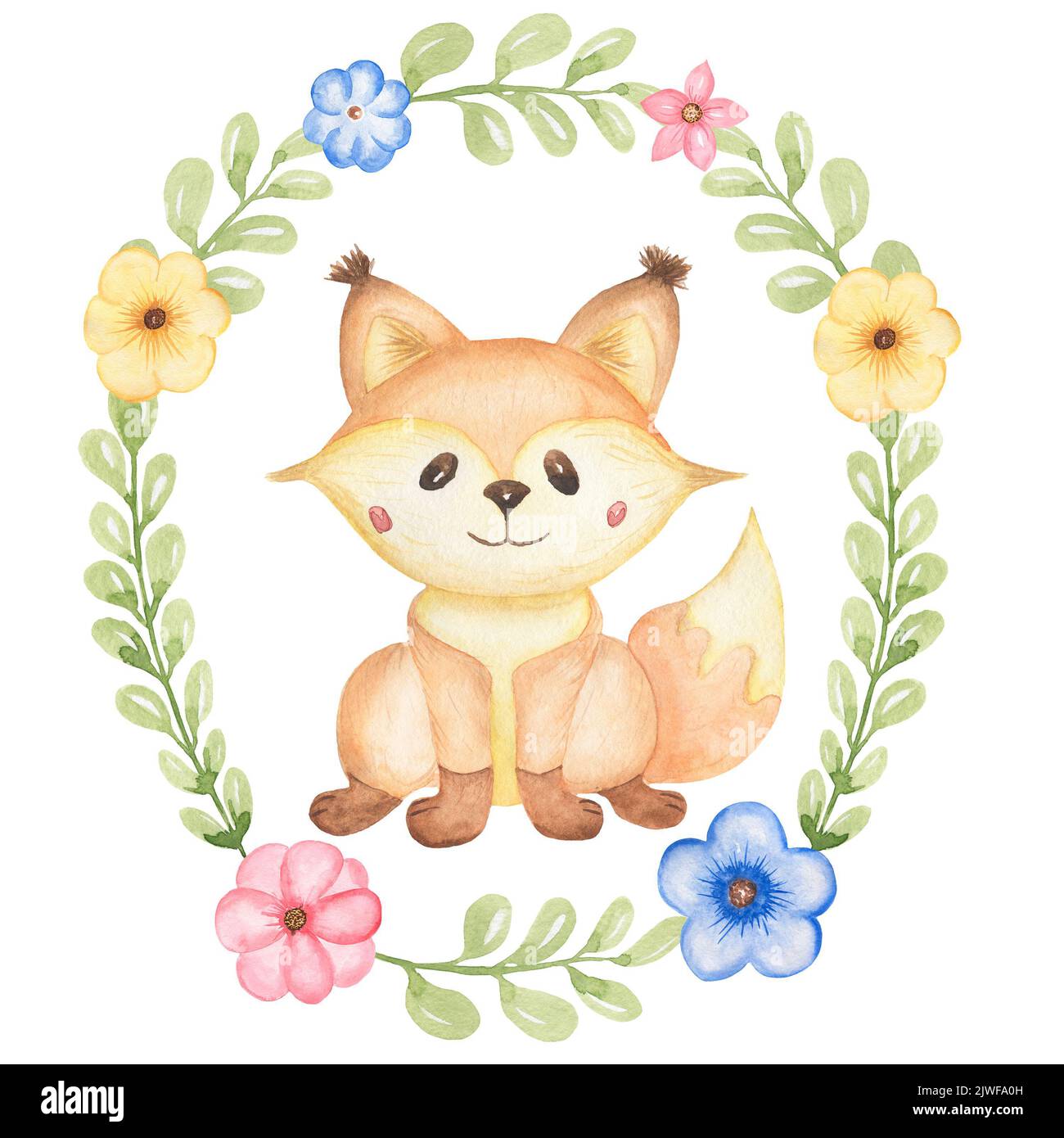 Watercolor woodland fox animal wreath, meadow flowers frame ...
