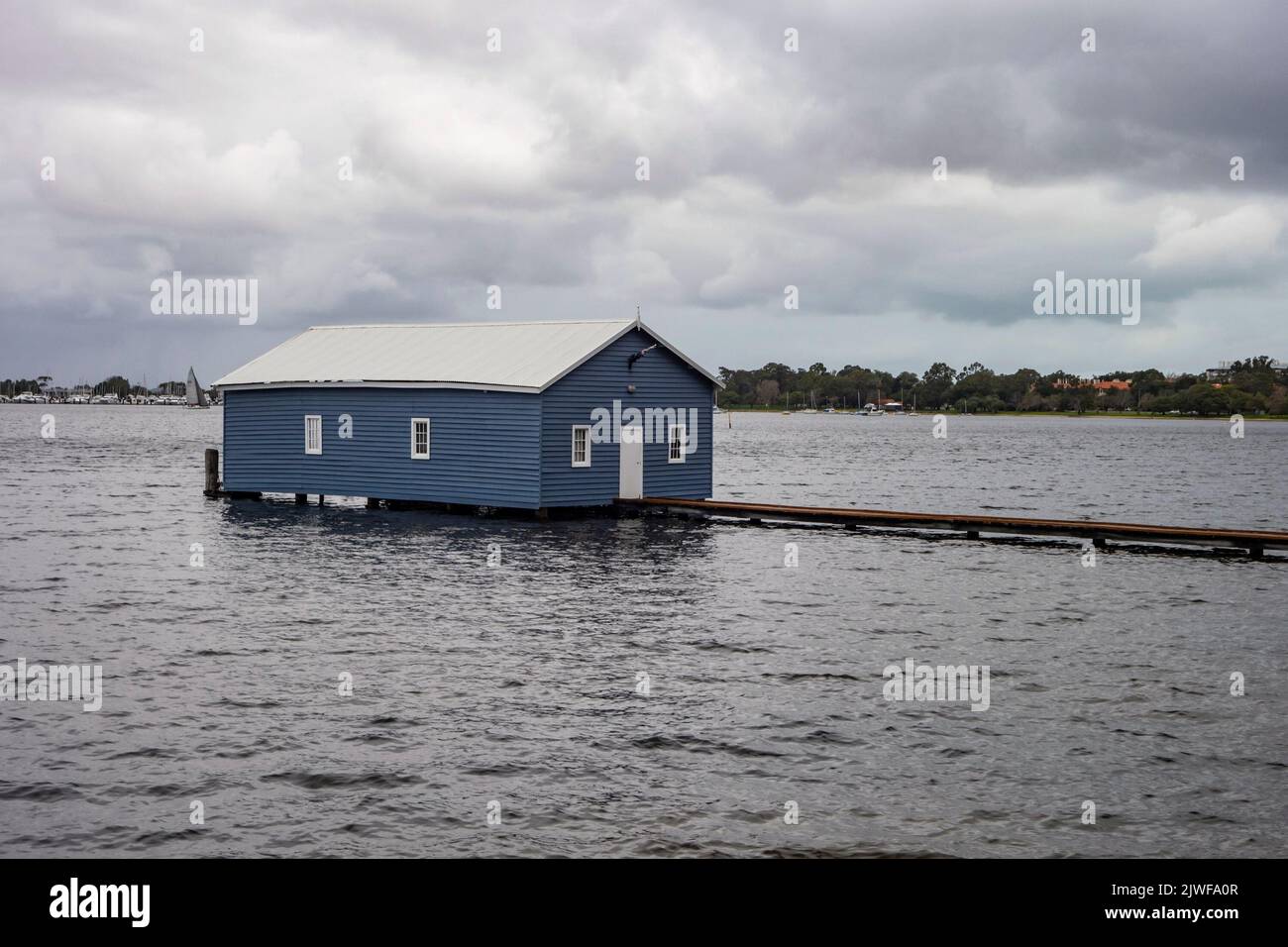 Crawley Edge Boat Shed blue house on the Swan river, Perth Stock Photo ...