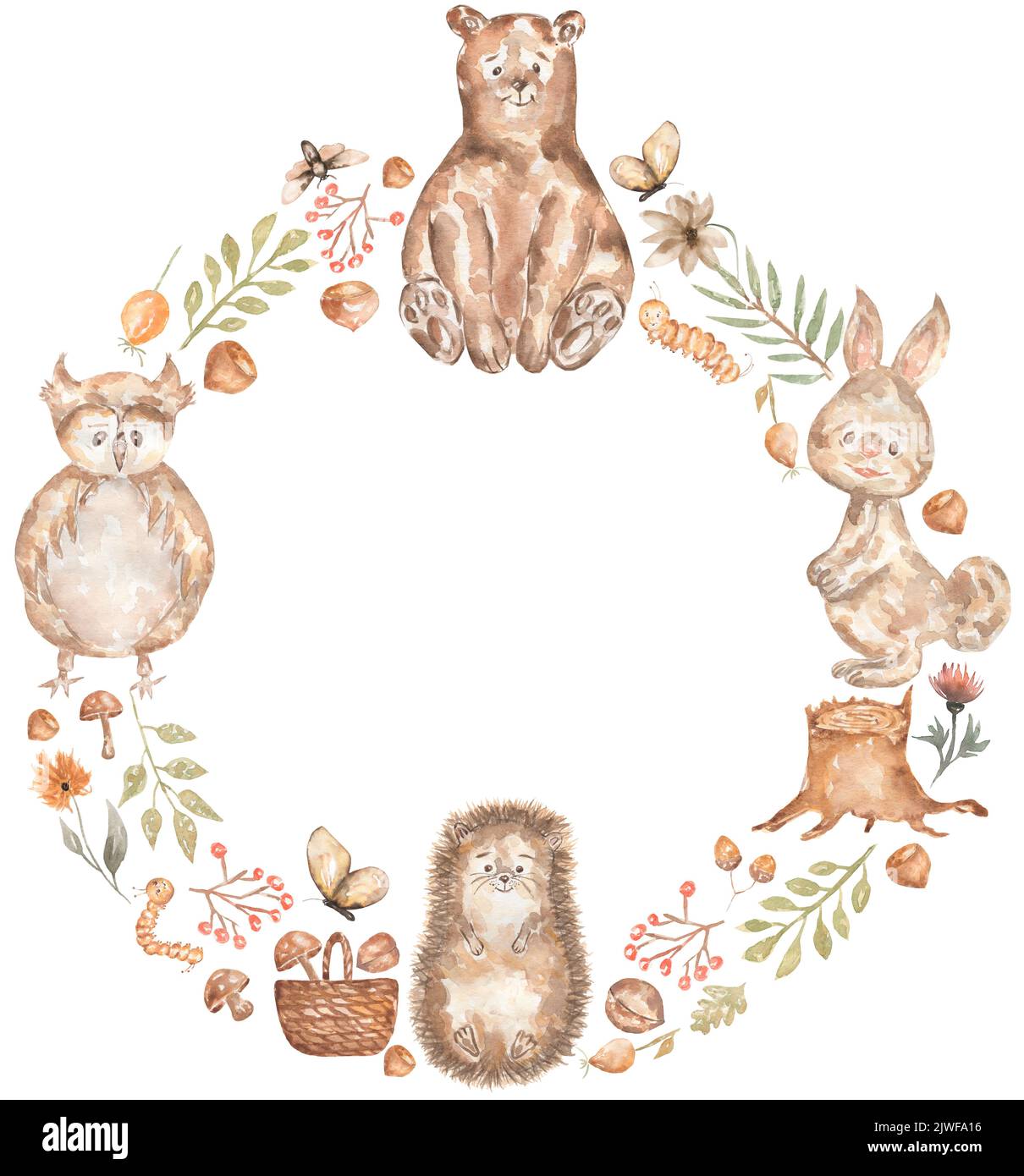 Watercolor woodland animal wreath, boho owl, bear, rabbit and hedgehog ...