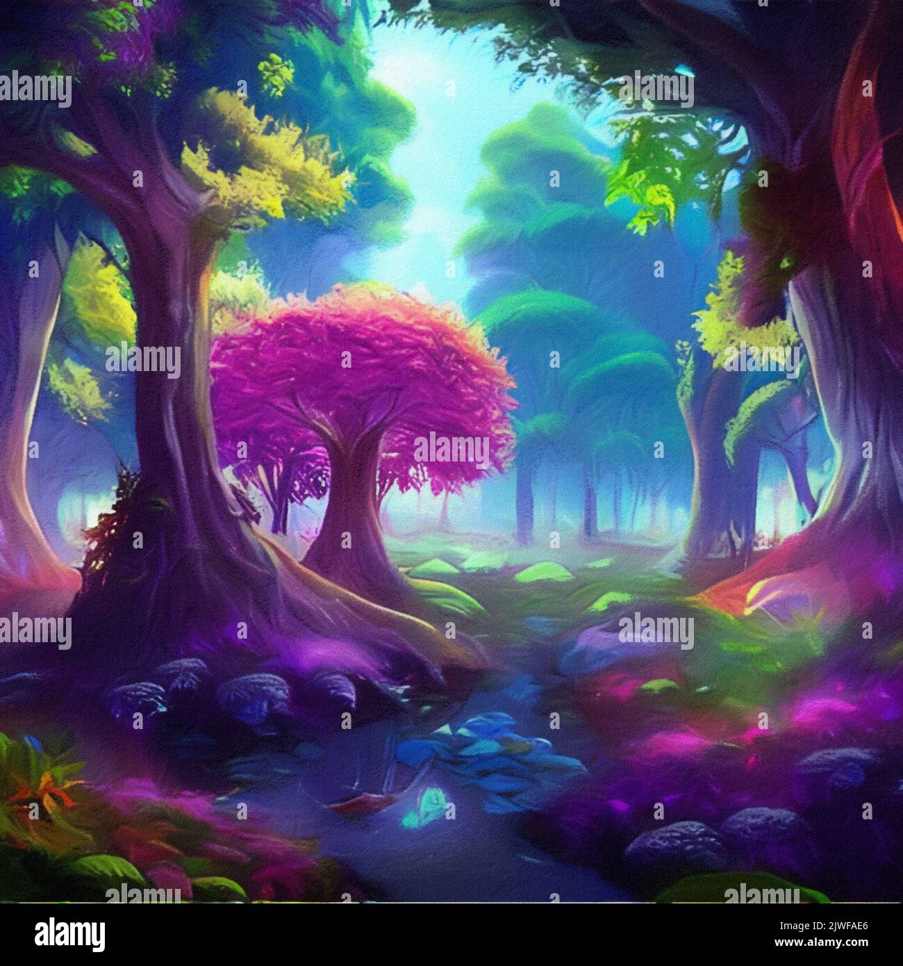 Watercolor and oil fantasy forest landscape, magic trees, mushrooms ...