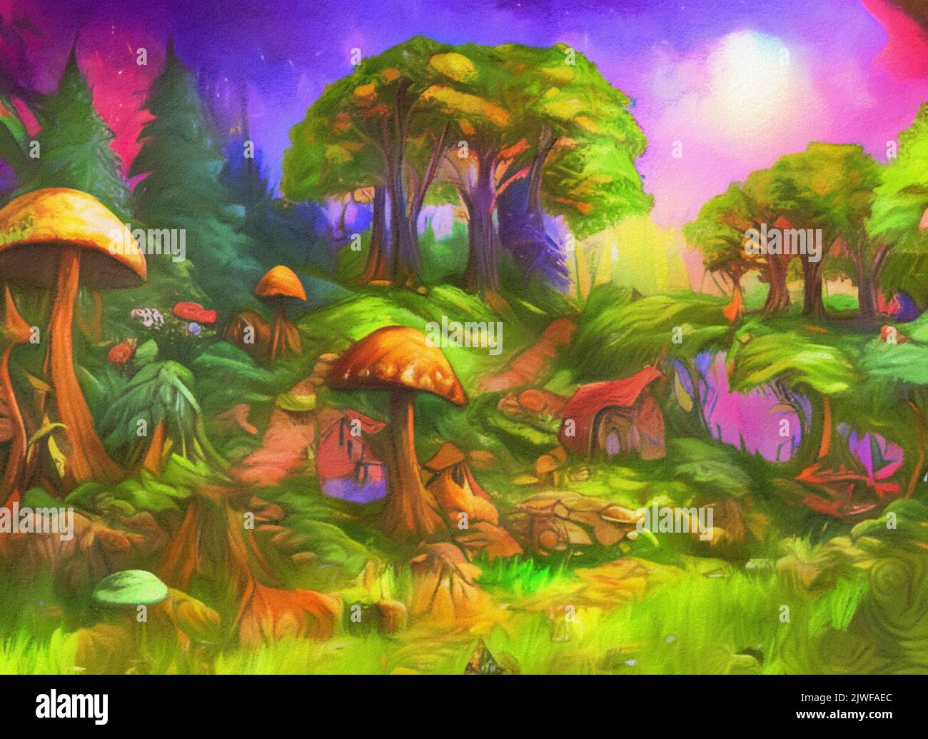 Watercolor and oil fantasy forest landscape, magic trees, mushrooms ...