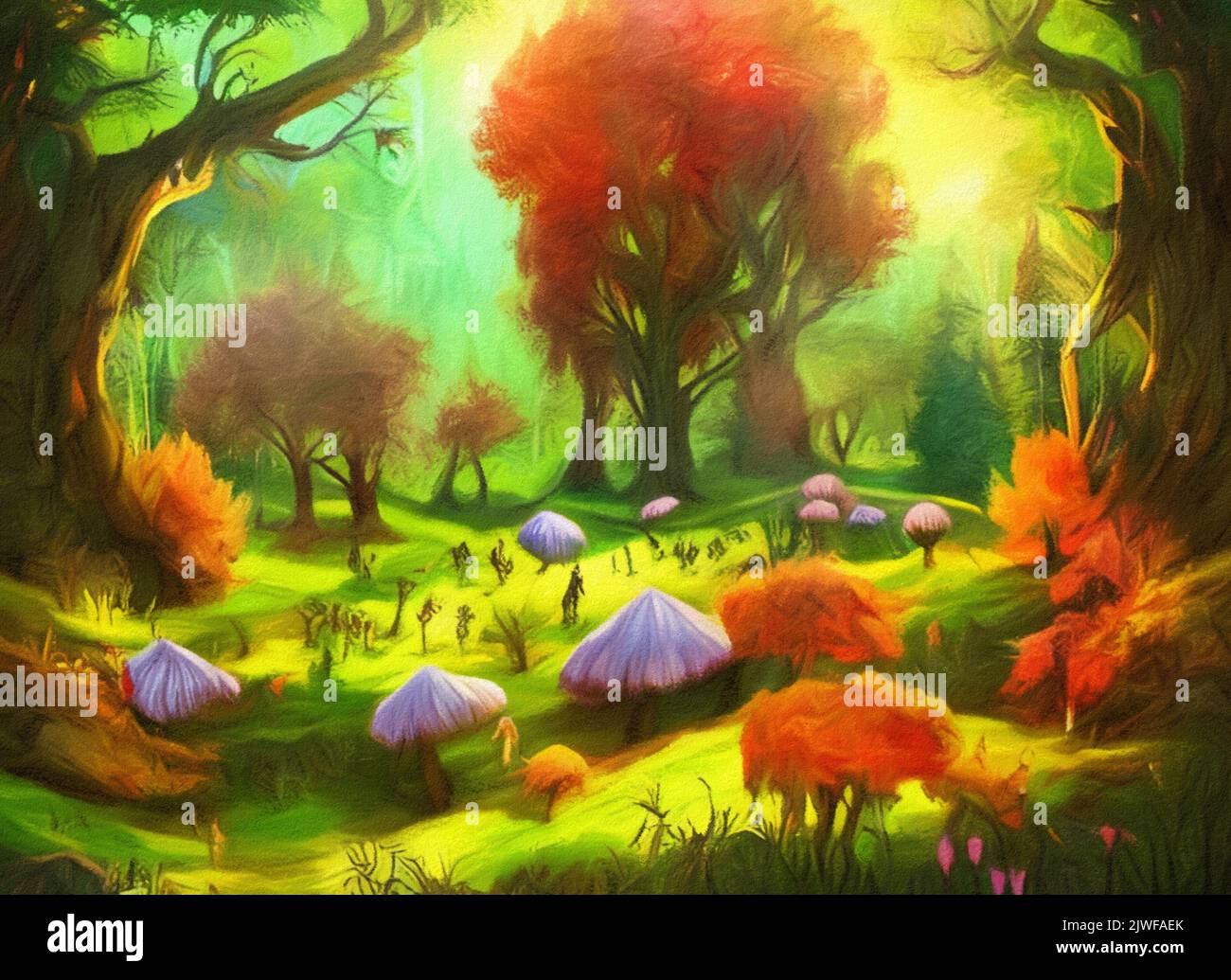 Watercolor and oil fantasy forest landscape, magic trees, mushrooms ...