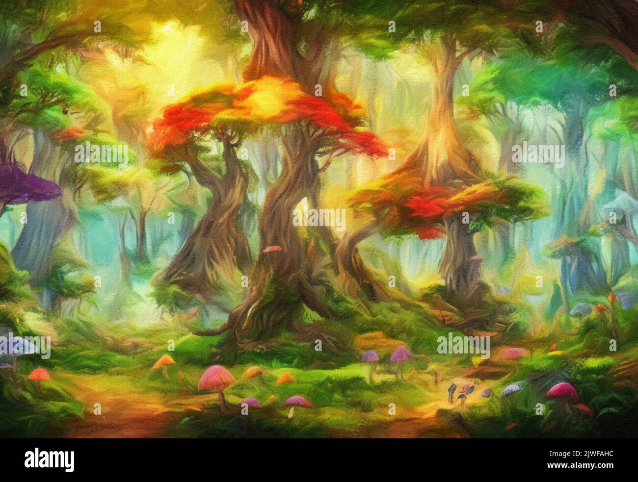 Watercolor and oil fantasy forest landscape, magic trees, mushrooms, glowing. Digital painting ...