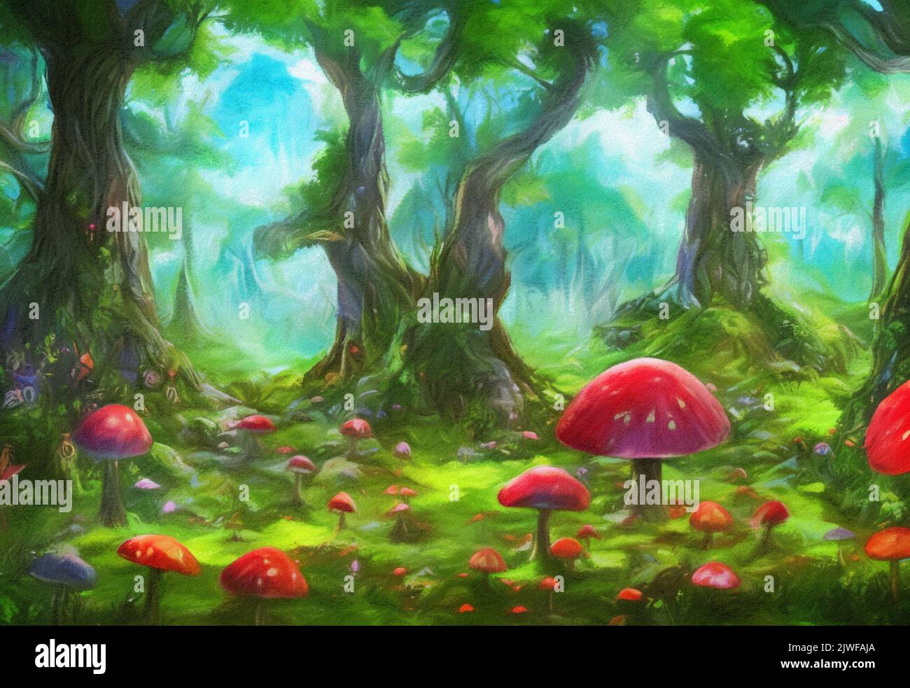 Watercolor and oil fantasy forest landscape, magic trees, mushrooms ...