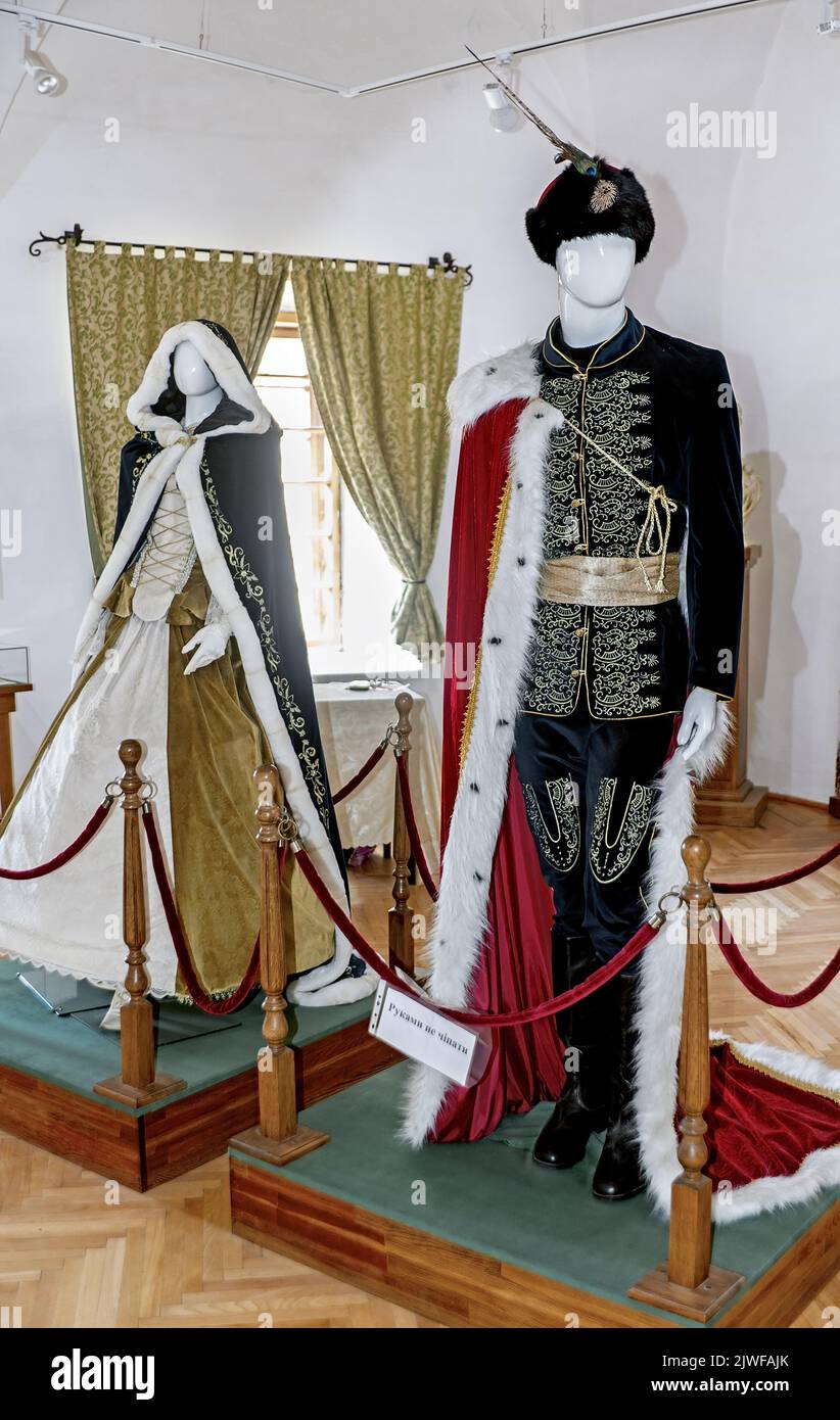 Royal attire clothes and dress on mannequins at Palanok castle ...