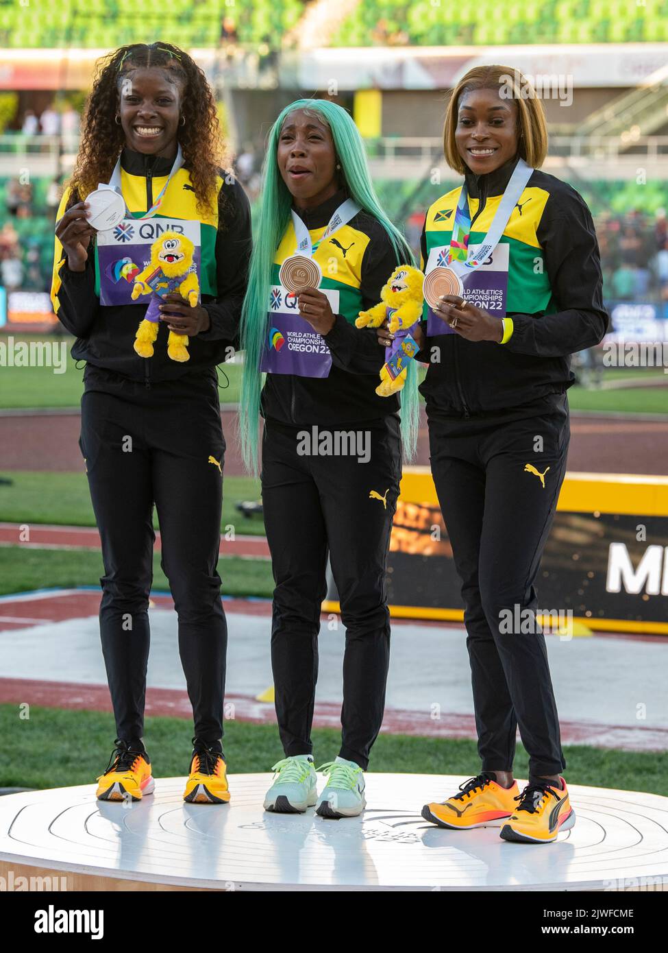 Shericka Jackson, Shelly-Ann Fraser - Pryce and Elaine Thompson-Herah of Jamaica medal ...