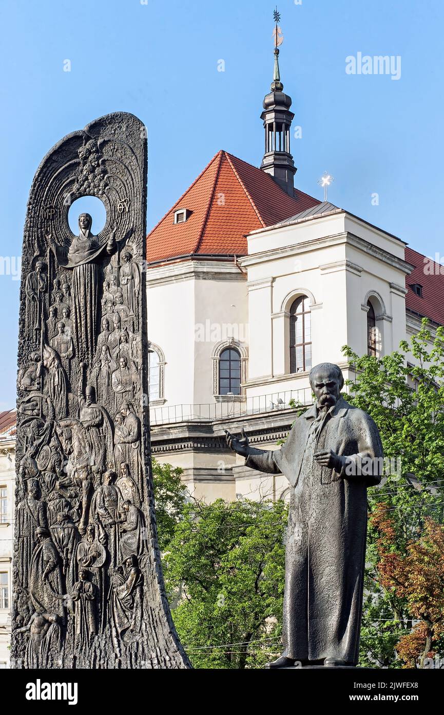 Street view with the Taras Shevchenko monument in Lviv, Ukraine Stock ...