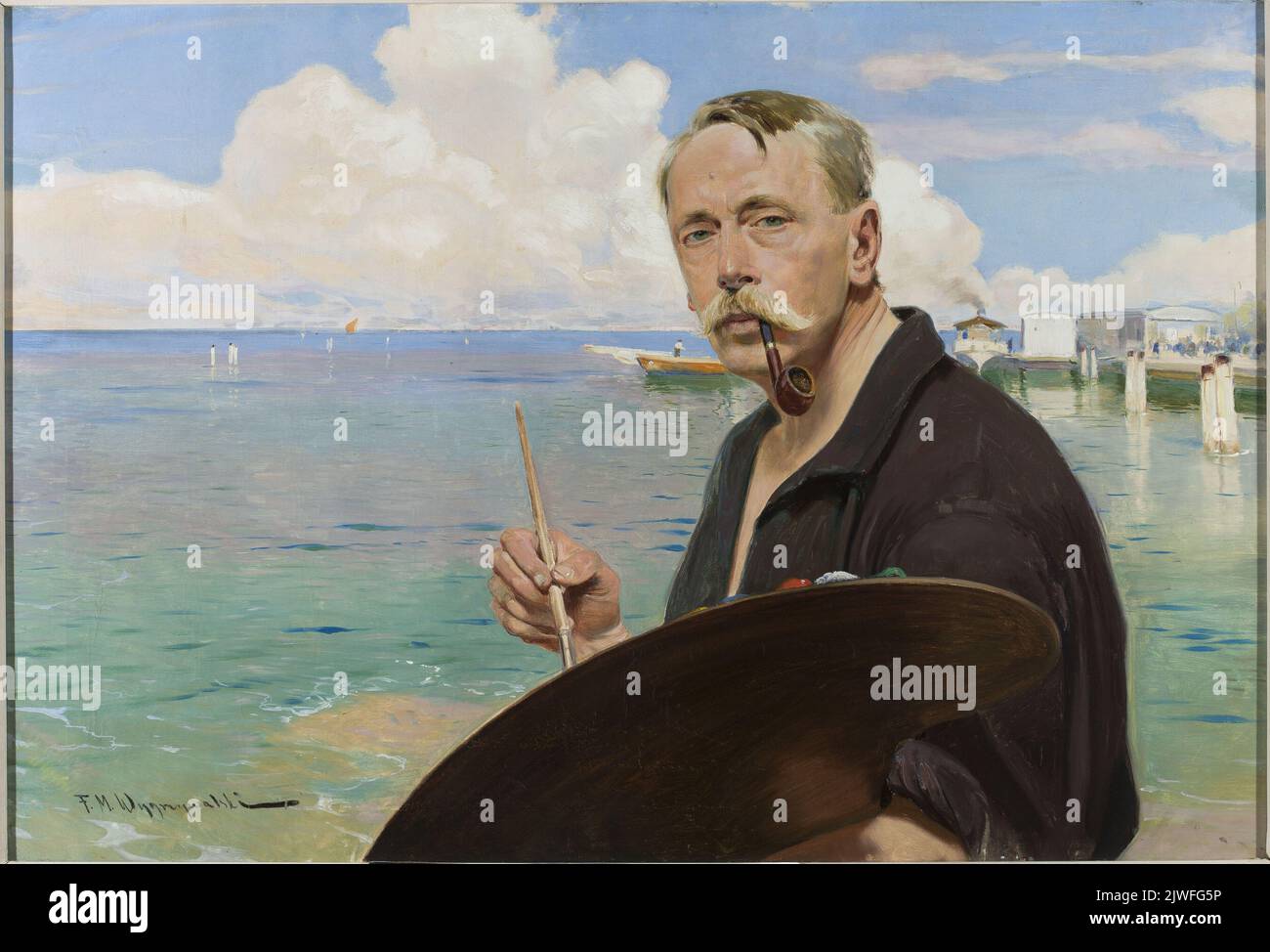 Self-portrait with a palette with a seaport in the background ...