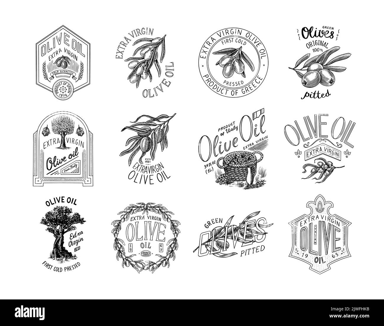 Set of Olive oil and branch of trees logo. Organic vegetarian product ...