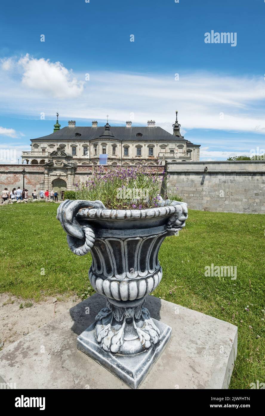 The flower pot and Pidhirtsi Castle at background, Lviv region, Ukraine ...