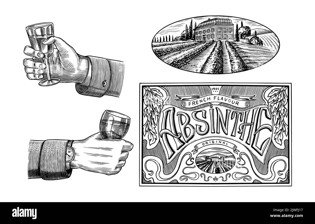 Vintage American Absinthe badge. Cheers toast. Alcoholic Label with ...