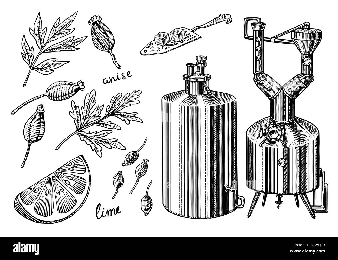 Pot Swan necked copper stills distillery for making alcohol. Engraved ...