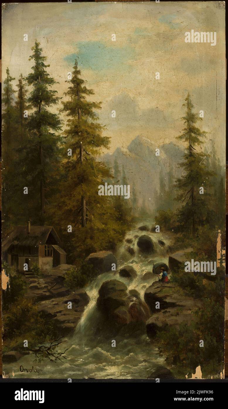 Mountain landscape with a waterfall. Chwala, Adolf (1836-1888), painter ...