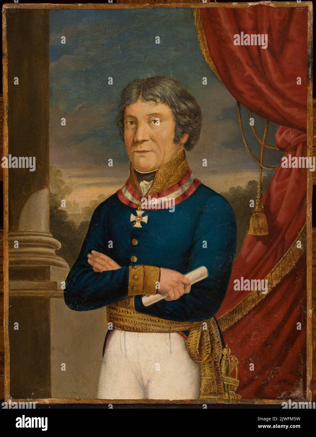 Portrait of an old man in a general's uniform against landscape ...