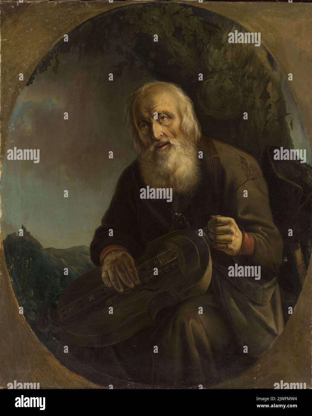 Old man playing an instrument against landscape. nieznany malarz ...