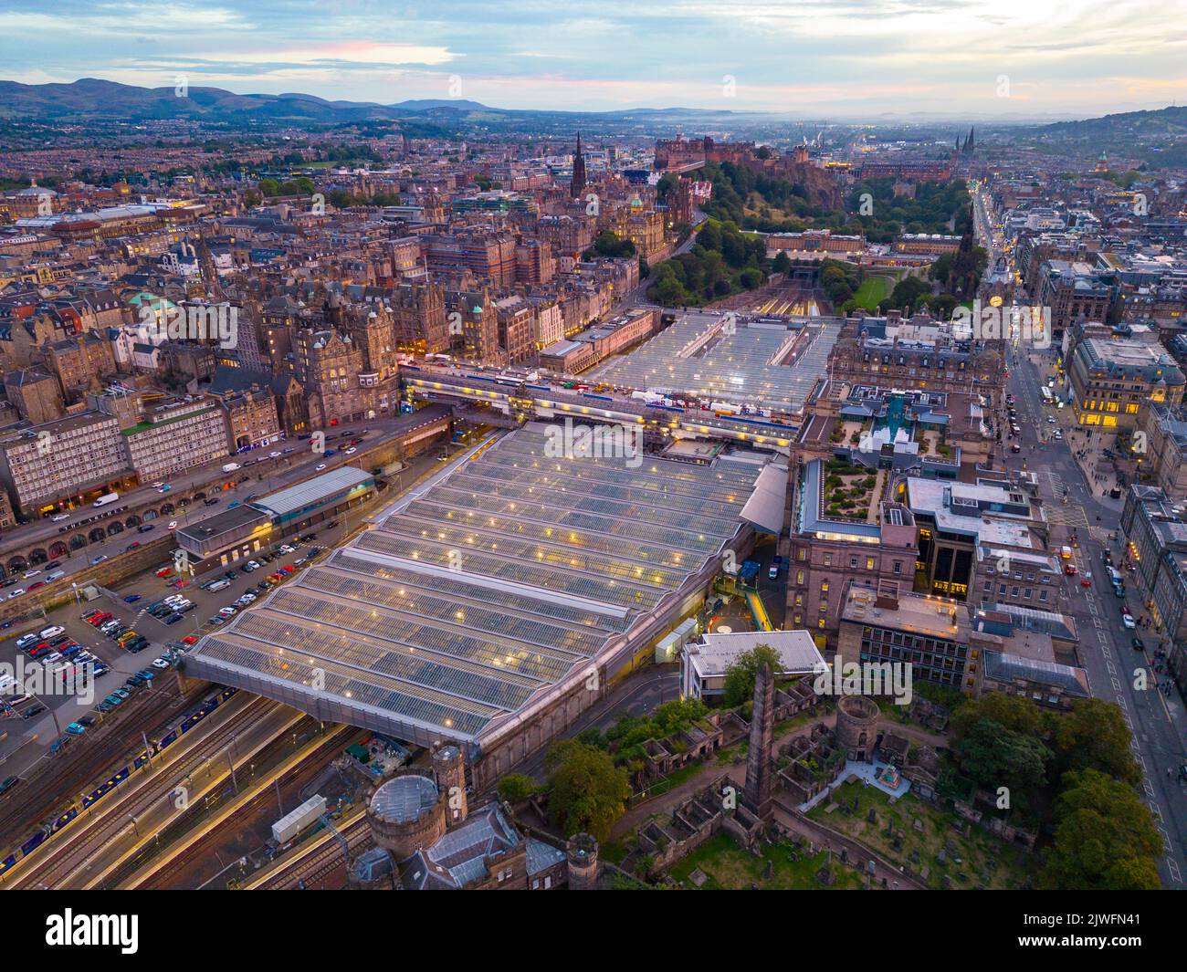 Aerial view at dusk of Waverley Station in Edinburgh, Scotland, UK ...