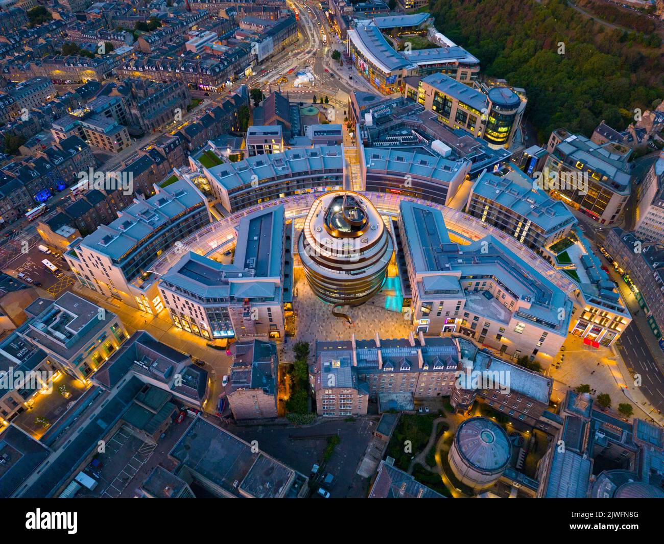 Aerial view at night of St James Quarter retail and residential ...