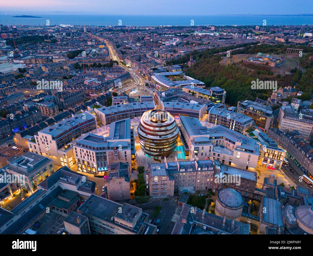 Aerial view at night of St James Quarter retail and residential ...