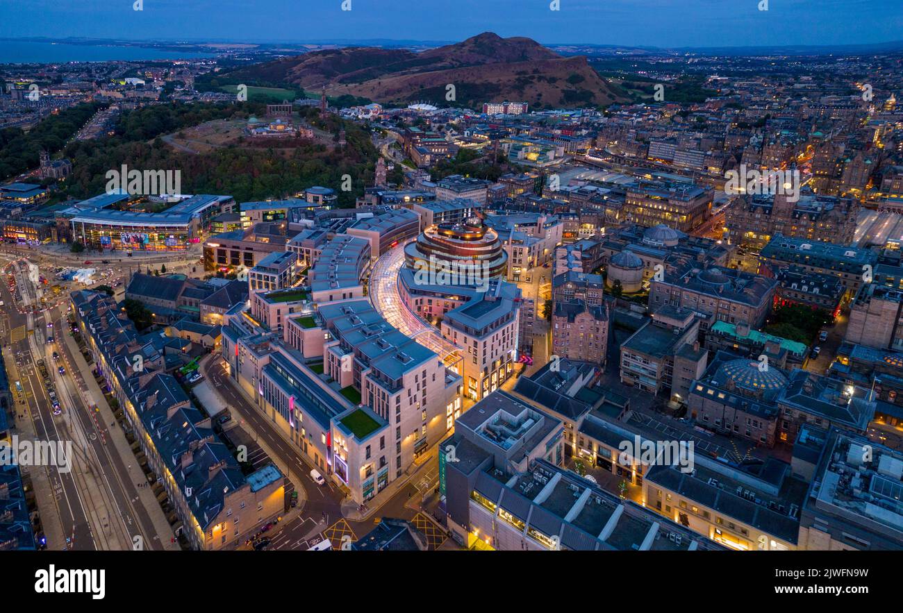 Aerial view at night of St James Quarter retail and residential ...