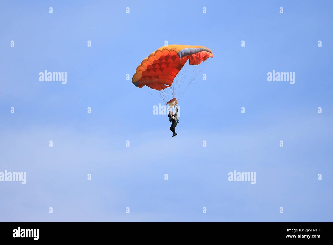 Male skydiver descends on a parachute Stock Photo - Alamy
