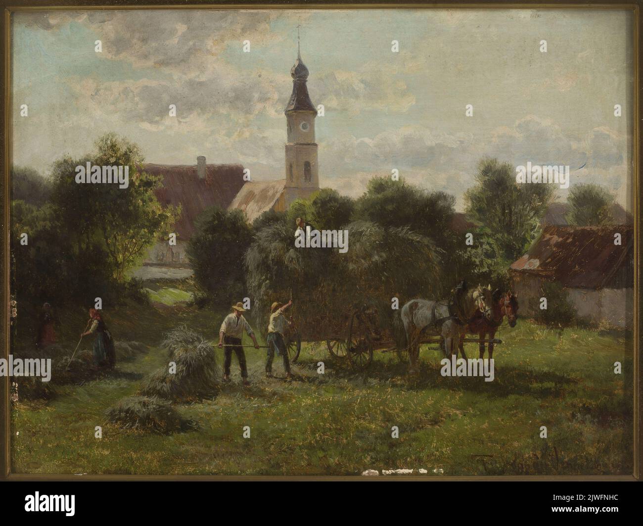 Carting hay with a view of the village and the church. Venne, Adolf van ...