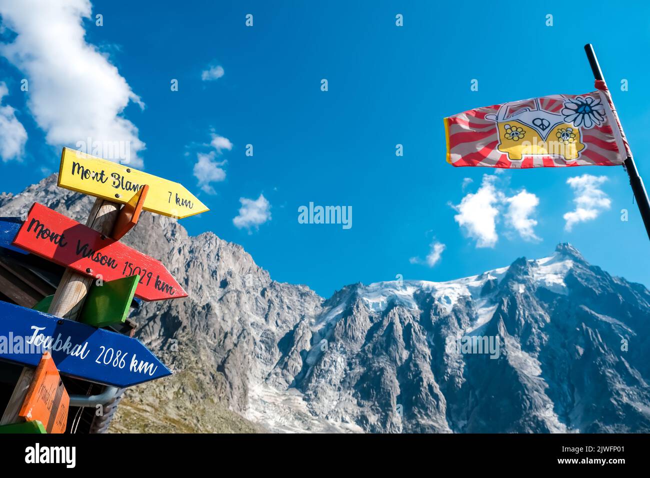 Chamonix, France - September 1, 2022: Funny banners and arrows in Plan ...
