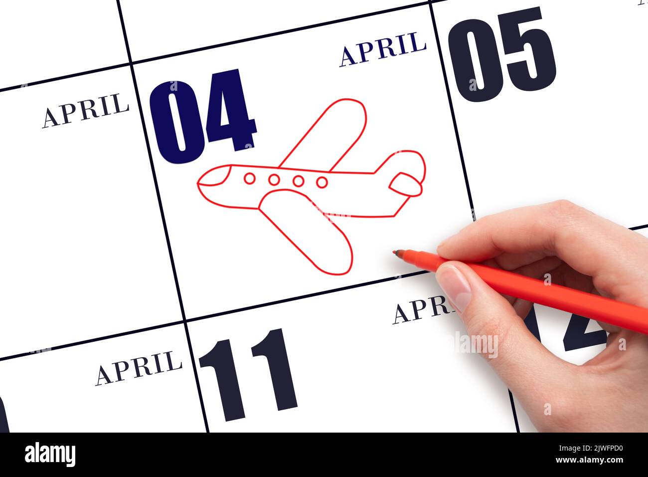 4th day of April. A hand drawing outline of airplane on calendar date 4 ...