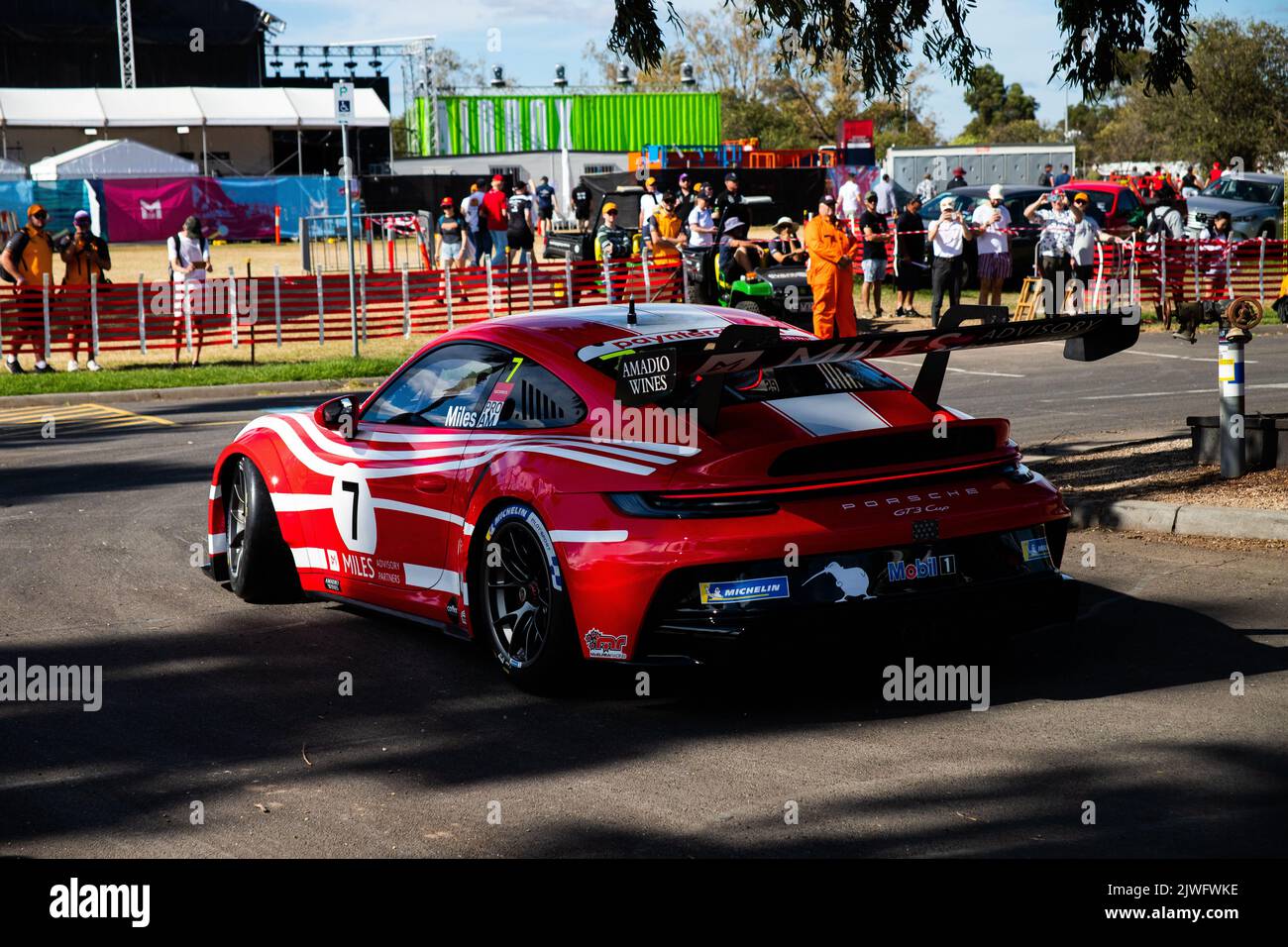 A red and white racing car Porsche Carrera down at Albert Park Track in ...