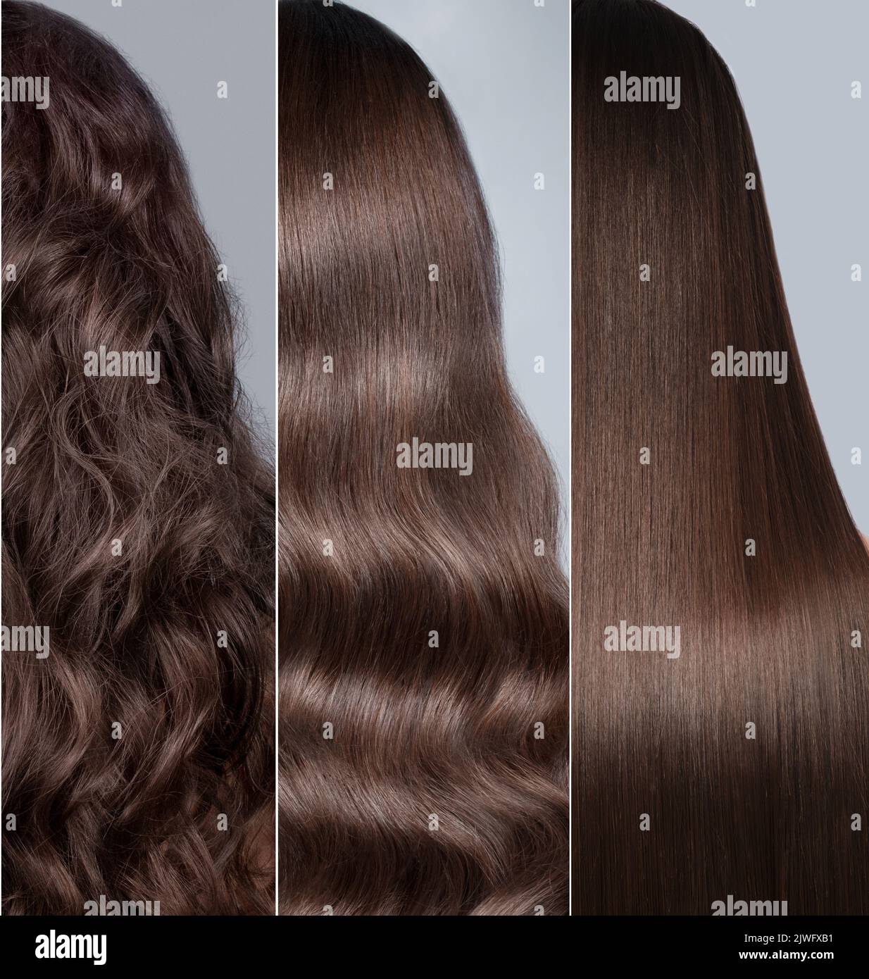 Woman before after recovery her hair. Rear view, straight and curls ...