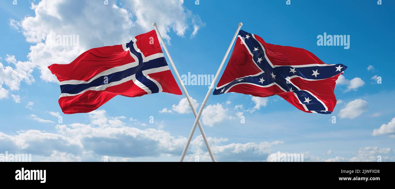 two crossed flags confederate battle or Dixie flag and Norway waving in ...